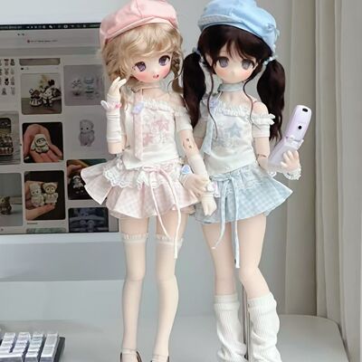 ob2422BJD4分蓝粉闺蜜套装甜美蕾丝短裙贝雷帽套装可爱少女娃服装