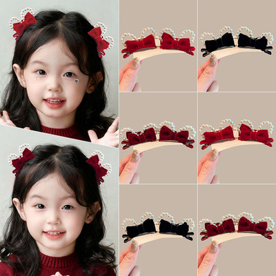 过年红色珍珠兔耳朵蝴蝶结发夹女