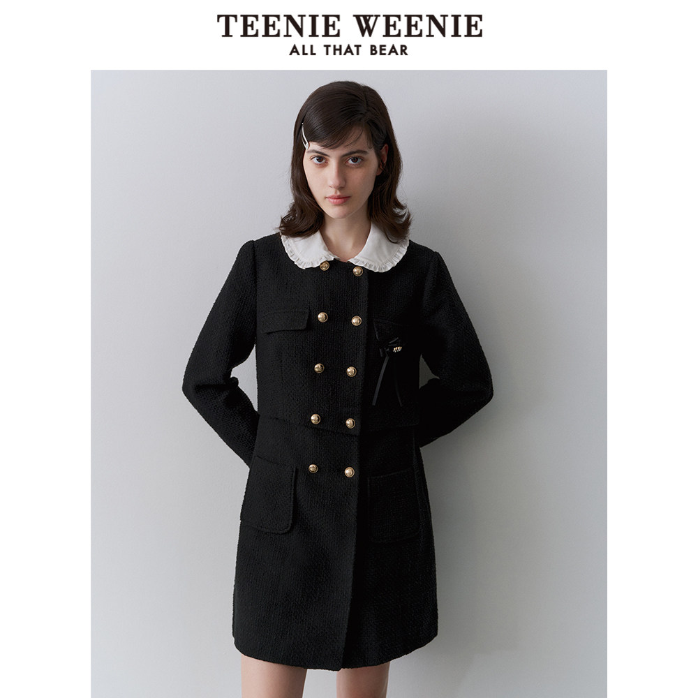TeenieWeenie小熊奥莱秋季气质法式小香风连衣裙式双排扣长外套女