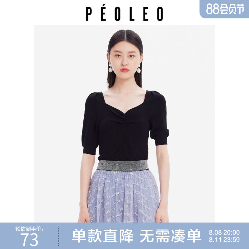 飘蕾outlets法式针织T恤秋季新款黑色打底衫显瘦针织上衣peoleo_虎窝淘