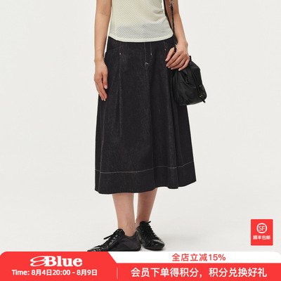 蓝岐BLUEMONTE原色防洗褪A字半身裙宽松休闲打褶耐磨复古牛仔裙女