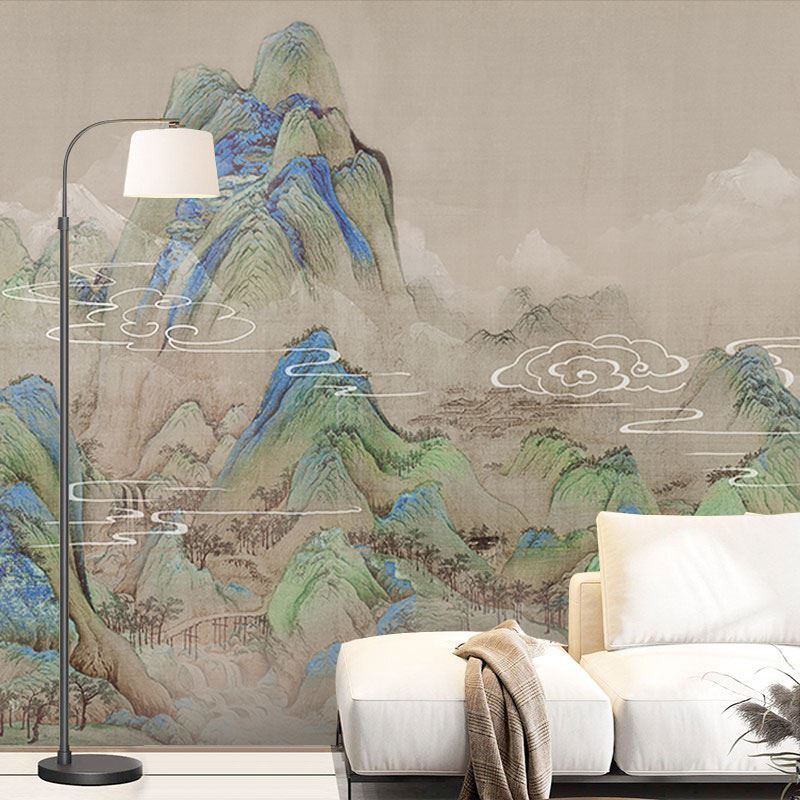 新中式千里江山图壁纸古风山水画墙布饭店包厢壁画书法工作室墙纸
