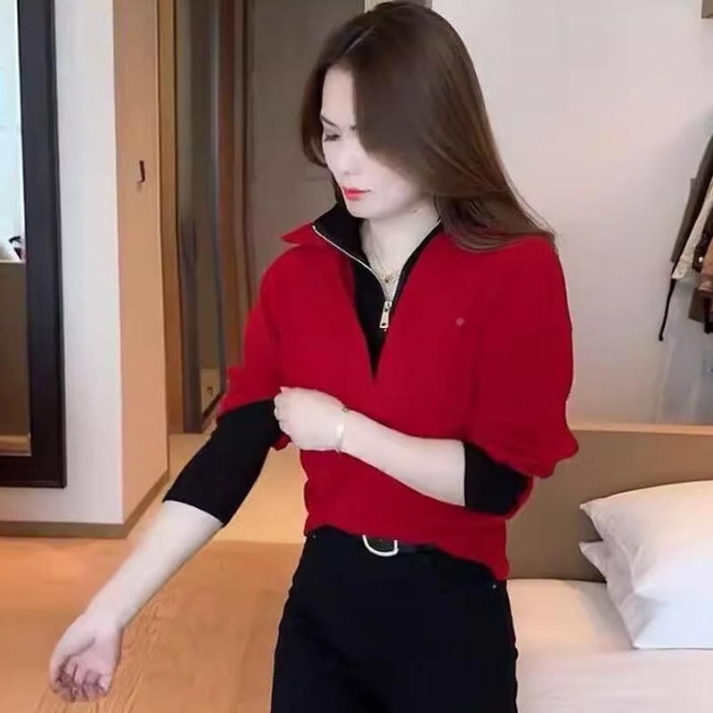 假两件长袖T恤女春秋新款欧货洋气时尚显瘦半拉链打底衫短款上衣