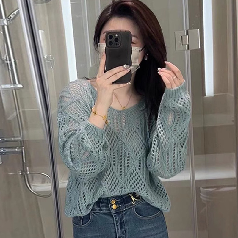 薄款菱格镂空针织衫女春秋款欧货时尚宽松长袖罩衫上衣慵懒风毛衣