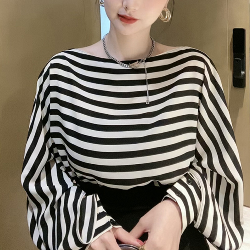 欧货洋气减龄宽松T恤衬衣女春秋季新款时尚百搭长袖薄款条纹上衣