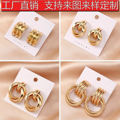 亚马逊新款欧美风耳钉厚重金色耳环多层几何悬垂耳环饰品跨境