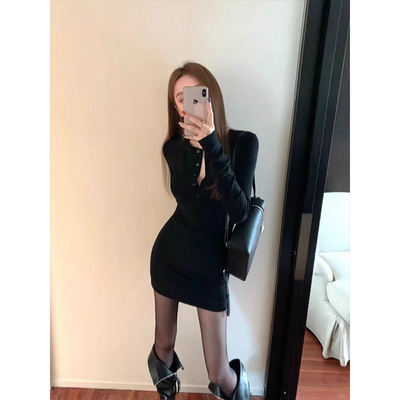 MosesQueen魔西女王黑色收腰加厚连衣裙纯欲V领修身显瘦包臀裙女