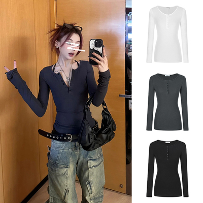 MosesQueen魔西女王半开领设计上衣辣妹基础款打底修身长袖T恤