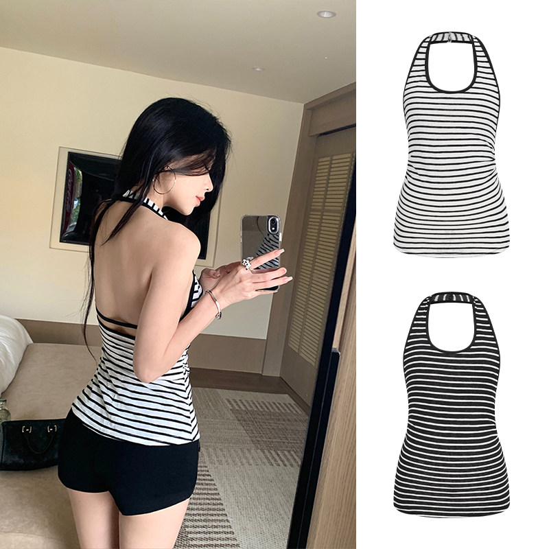 MosesQueen魔西女王条纹挂脖吊带背心女外穿美背内搭u领打底上衣
