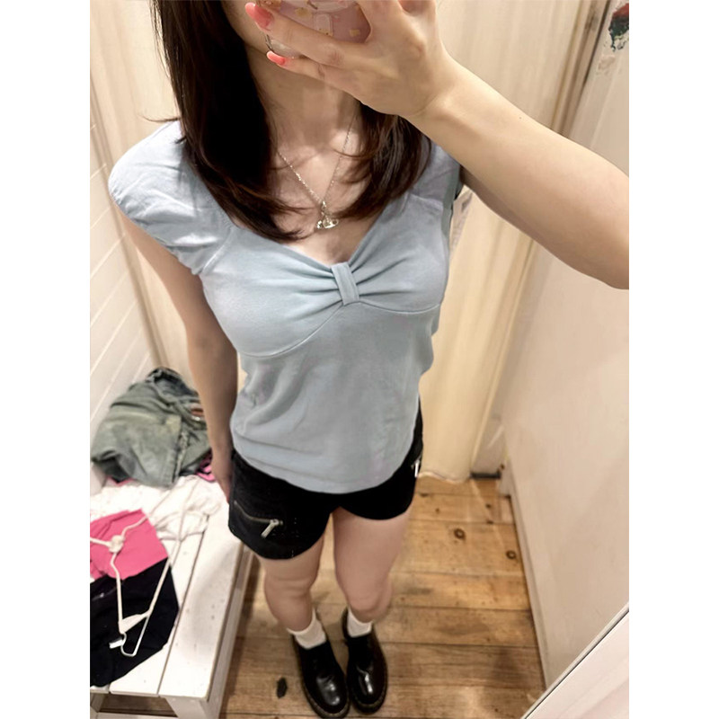 MosesQueen魔西女王蓝色褶皱蝴蝶结短袖t恤v领修身显瘦小飞袖上衣