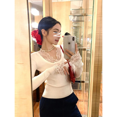 MosesQueen魔西女王复古氛围感蕾丝V领长袖女甜美毛衣针织衫秋