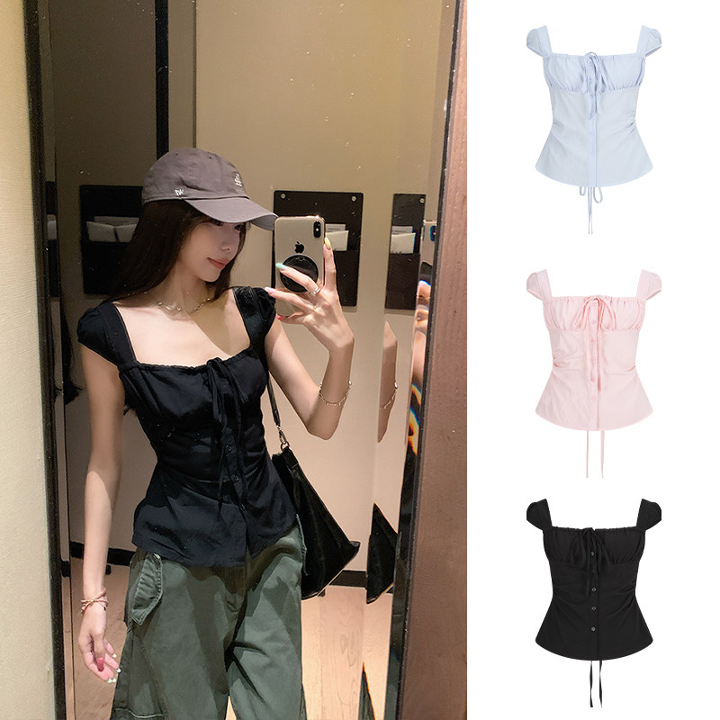 MosesQueen魔西女王黑色方领小飞袖短袖系带露背短款衬衫上衣女