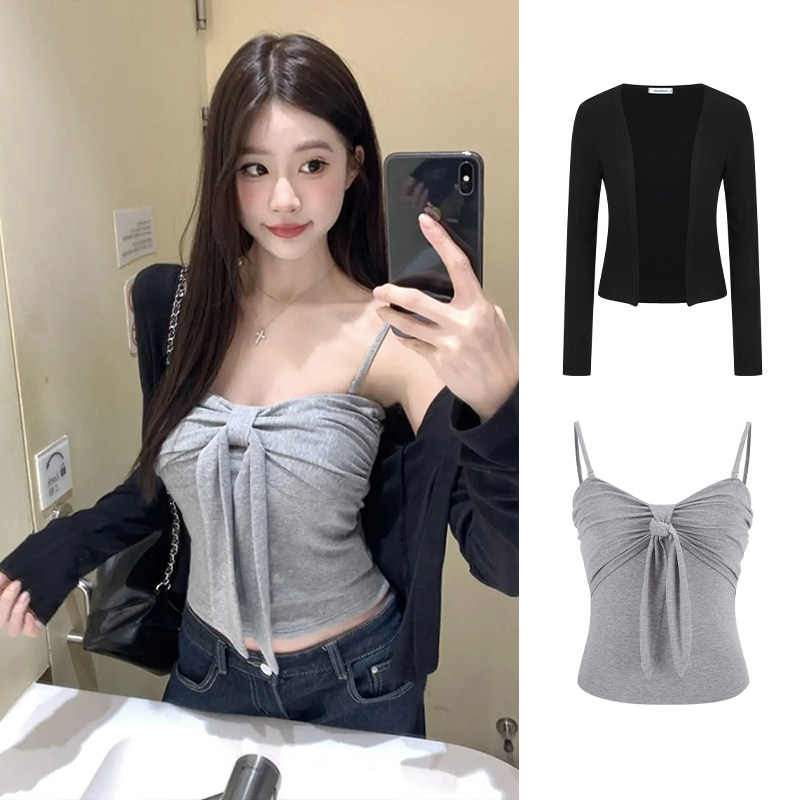 MosesQueen魔西女王蝴蝶结裹胸吊带短款显瘦黑色开衫气质上衣套装