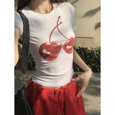 樱桃印花短袖t恤短款正肩上衣女