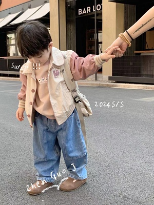 手感超好～榛果酱儿童春季外套24新款韩系印花撞色软糯糯夹克风衣