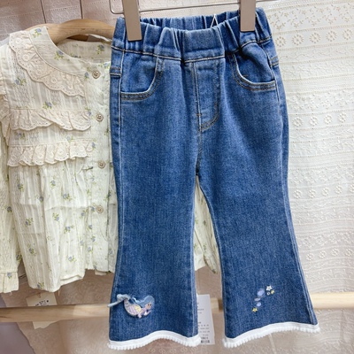 牛小图 儿童春季新款牛仔裤 韩系女宝休闲刺绣美人鱼花边牛仔长裤