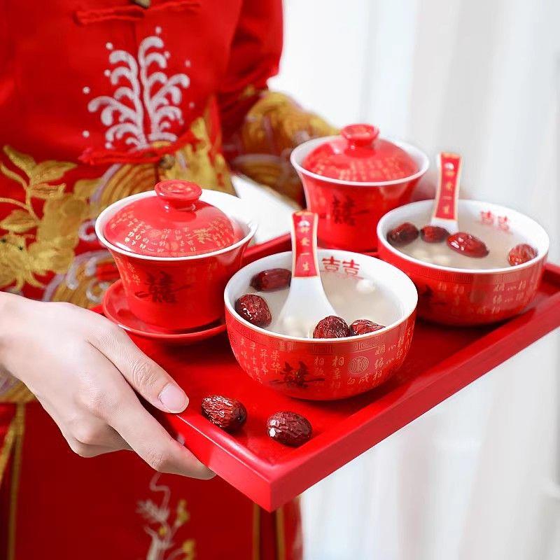 婚庆敬茶杯敬酒喜碗改口茶具套装陪嫁结婚杯子喜杯筷婚礼用品大全