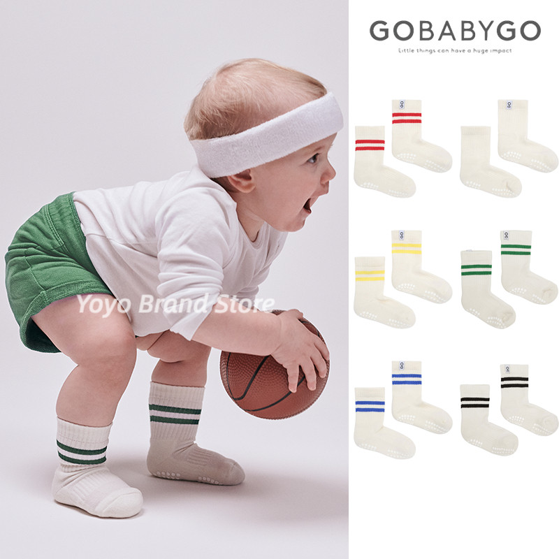 ▲正品gobabygo儿童宝宝条纹防滑运动袜地板袜纯棉透气春秋中筒袜
