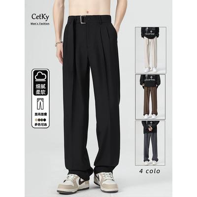 CetKy日系自带腰带小设计飘带直筒垂感黑色西裤男宽松休闲长裤子