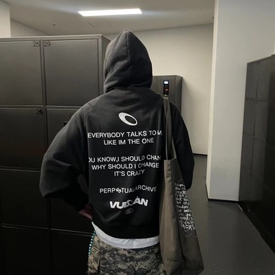 VULCAN标语美式连帽卫衣宽松男重磅加绒外套情侣帽衫2023秋冬新款