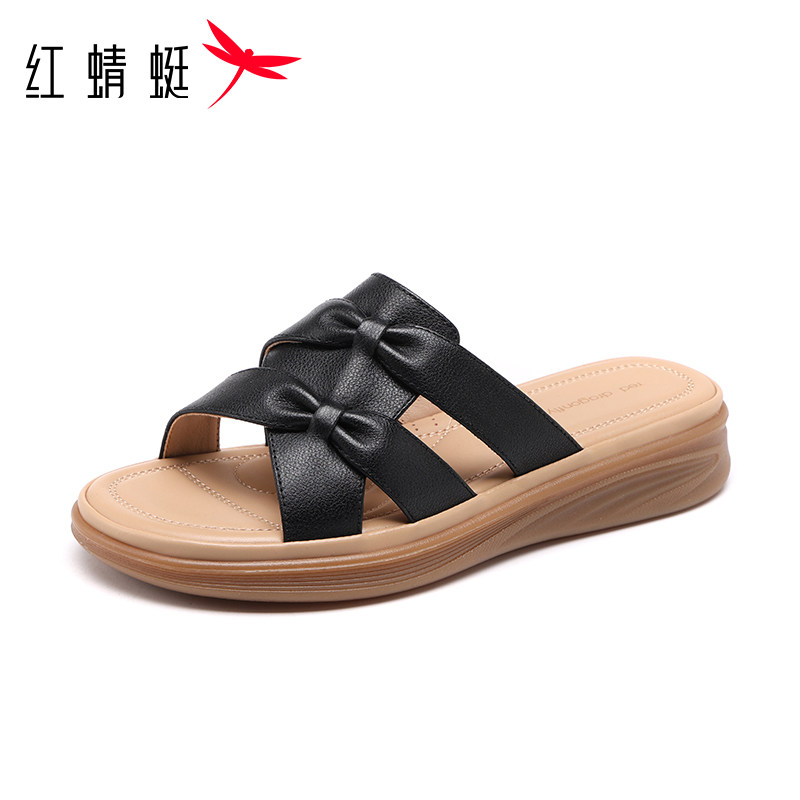 红蜻蜓拖鞋女夏季26新款真皮软底防滑牛皮妈妈一字凉拖鞋外穿正品