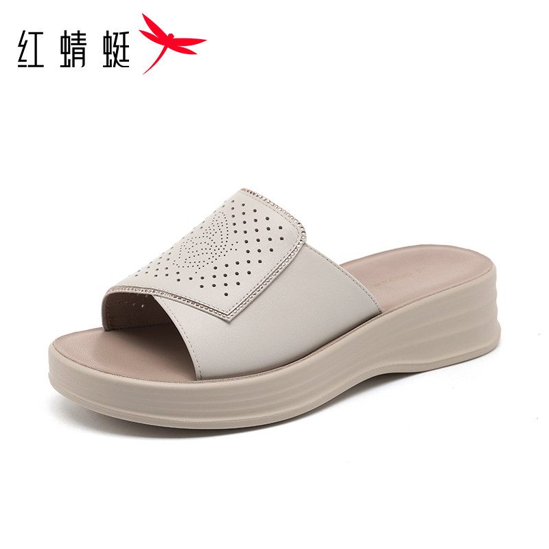 红蜻蜓2026夏季新款真皮中年妈妈拖鞋女外穿一字拖沙滩鞋厚底凉拖