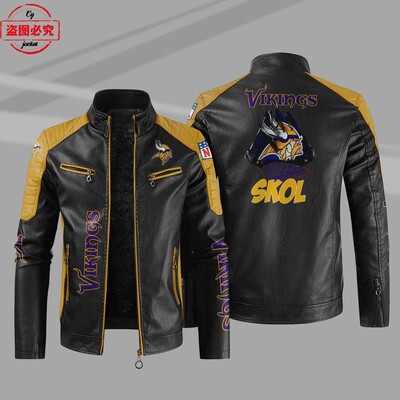 Minnesota Vikings橄榄球队LOGO印花pu皮衣明尼苏达维京人队服装