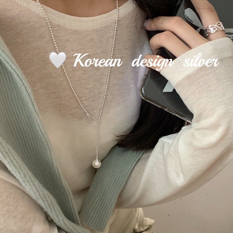韩版小众轻奢S925纯银项链细珠长款抽拉珍珠项链女百搭轻奢银链女