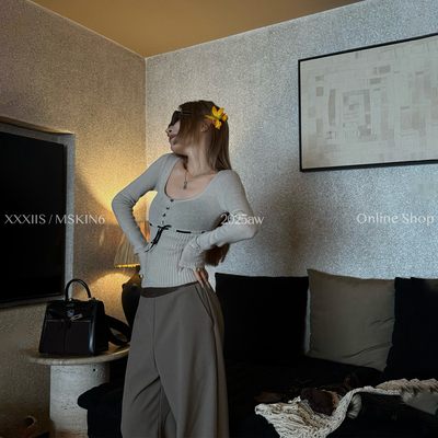 毛针织衫女大领抽绳蝴蝶结温柔