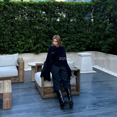 羊毛混纺阔腿七分裤女高腰黑裤子