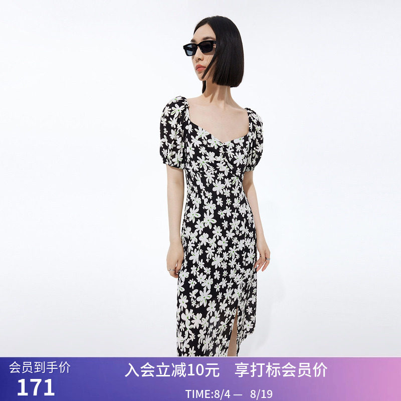 LILY夏新款女装优雅复古方领艺术印花气质通勤显瘦高腰连衣裙