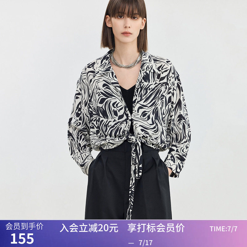 【商场同款】LILY夏新款女装时尚印花宽松垂坠感短款衬衫外套