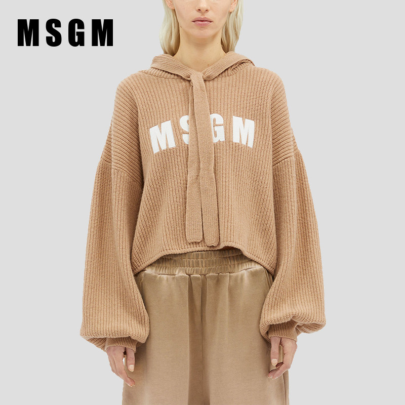 MSGM早春新款女士连帽宽松落肩针织衫羊毛羊绒混粉色高级长袖毛衣