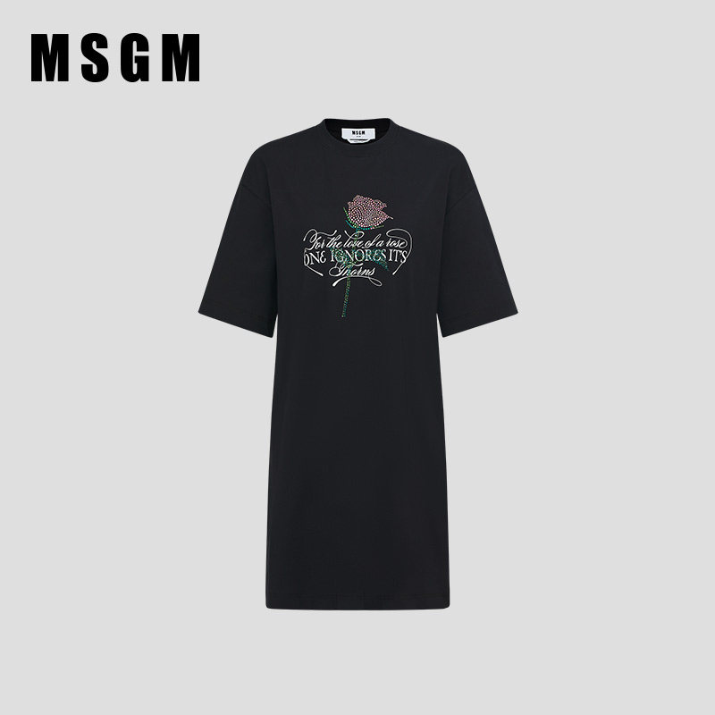 MSGM早春新款女士水钻玫瑰字母印花短袖T恤连衣裙