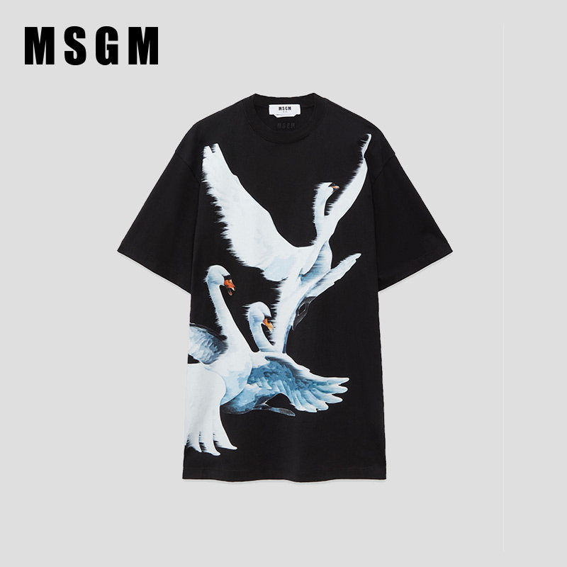 MSGM早春新款女士气质优雅宽松仙鹤印花圆领短袖T恤式连衣裙