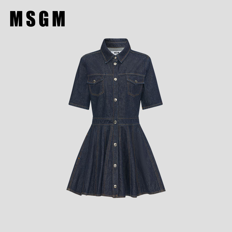 MSGM早春新款女士收腰纯棉荷叶边短袖牛仔连衣裙衬衫领