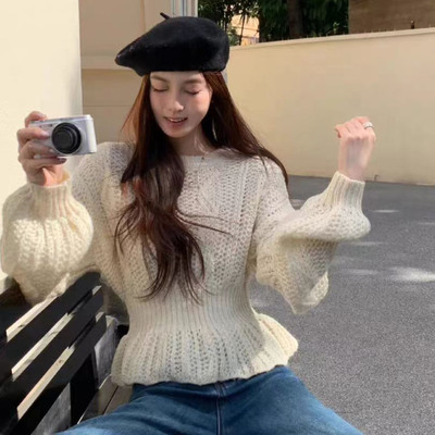 冬设计感圆领灯笼袖套头针织衫女