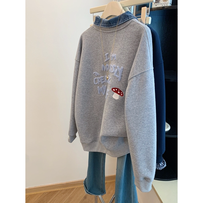 假两件拼接翻领刺绣卫衣春秋新款