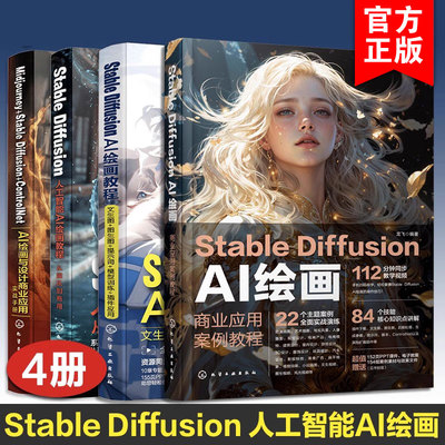 4册 Stable Diffusion AI绘画商业应用案例教程 文生图提示词模型训练插件应用 Midjourney ControlNet AI绘画与设计商业应用实战