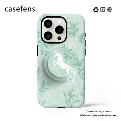 原创新中式绿色马适用iPhone16promax新款15Pro女14pro华为小米/磁吸菲林/二合一/电镀银/黑框软手机壳支架