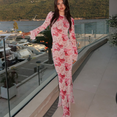 欧美辣妹花卉印花气质长袖连衣裙