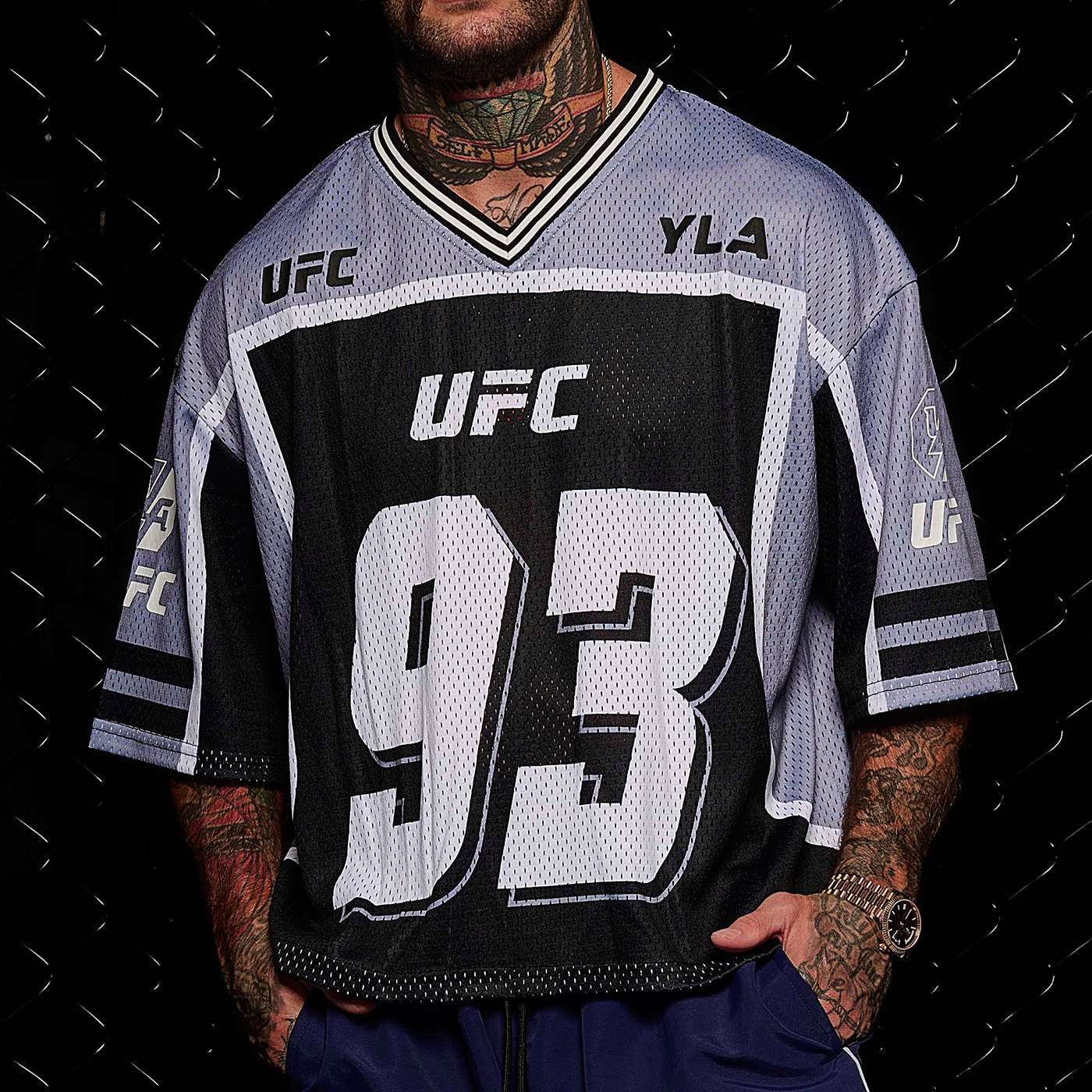 YLA联名UFC美式速干网眼宽松休闲t恤潮流印花V领擂台拳击训练短袖