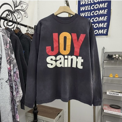 Saint MICHAEL美式高街潮牌JOY裂纹字母洗水做旧长袖T恤男女宽松