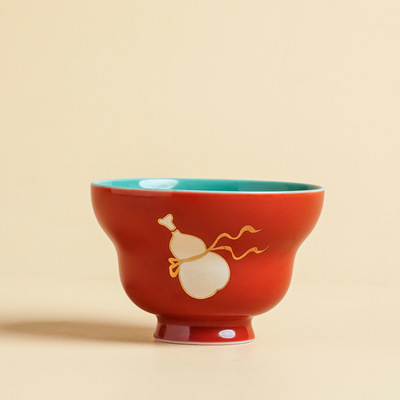 故宫红金银葫芦杯缂丝高档主人杯家用陶瓷喝茶品茗茶具功夫茶杯