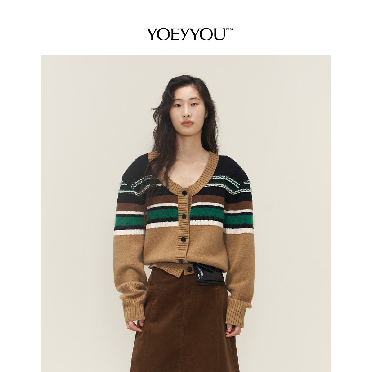 YOEYYOU条纹毛织外套女秋冬新品设计师款撞色提花廓形针织开衫
