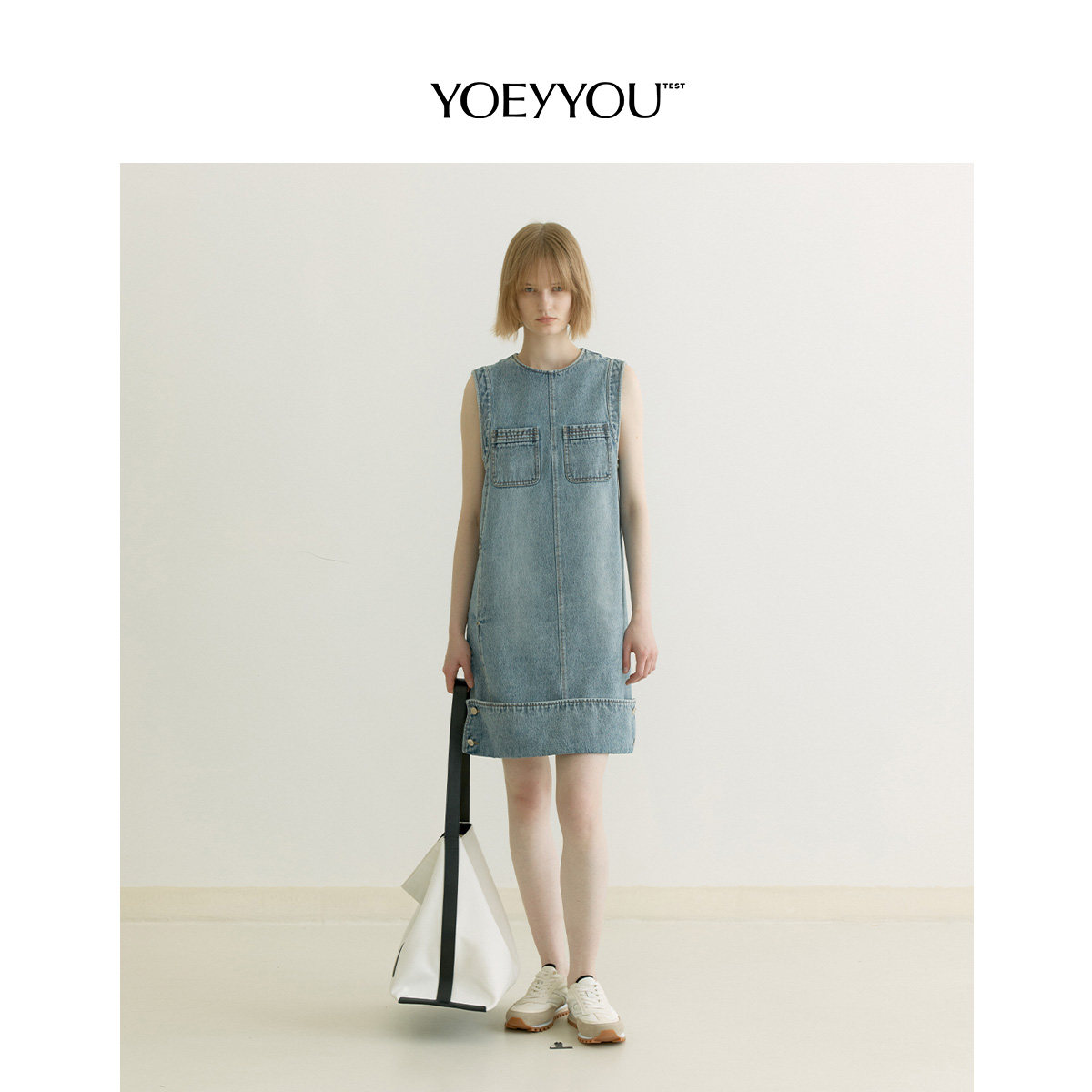 YOEYYOU直身翻折牛仔裙春夏款设计师立体翻折无袖背心牛仔连衣裙
