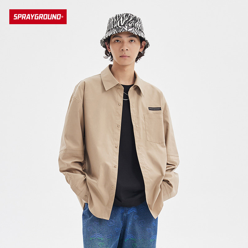 SprayGround新款宽松休闲衬衫男复古卡其色上衣女潮W0910408