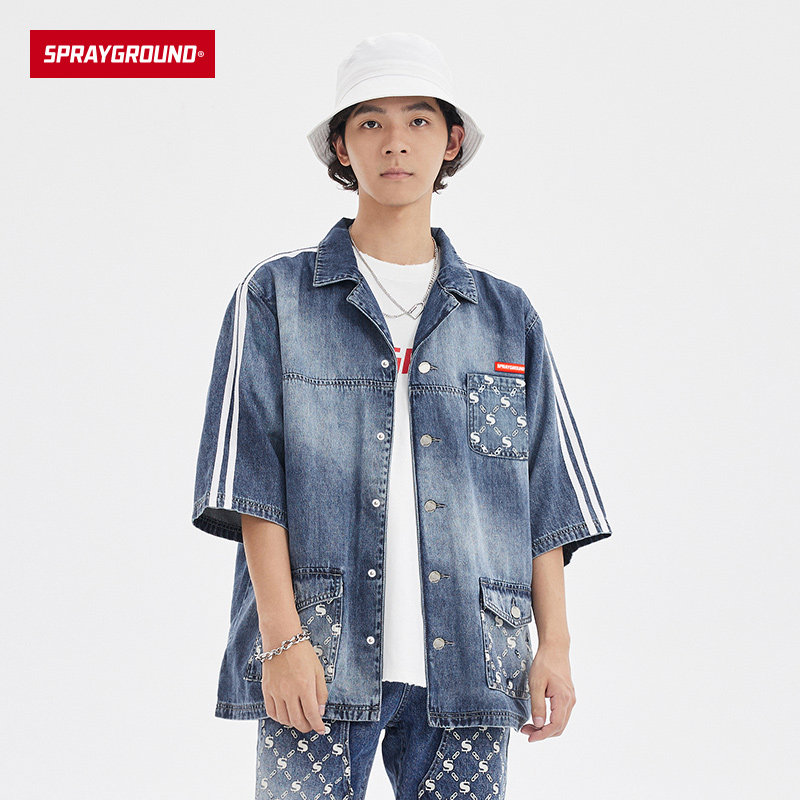 SprayGround春季新款磨白短袖牛仔外套男宽松上衣潮W0910407