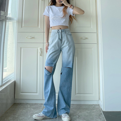 EARNED 新款渐变蓝破洞毛边女仔裤女超长宽松直筒拖地裤夏款
