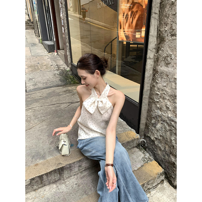 辰米范 波西塔塔 波点吊带背心女蝴蝶结无袖挂脖小衫辣妹露肩上衣